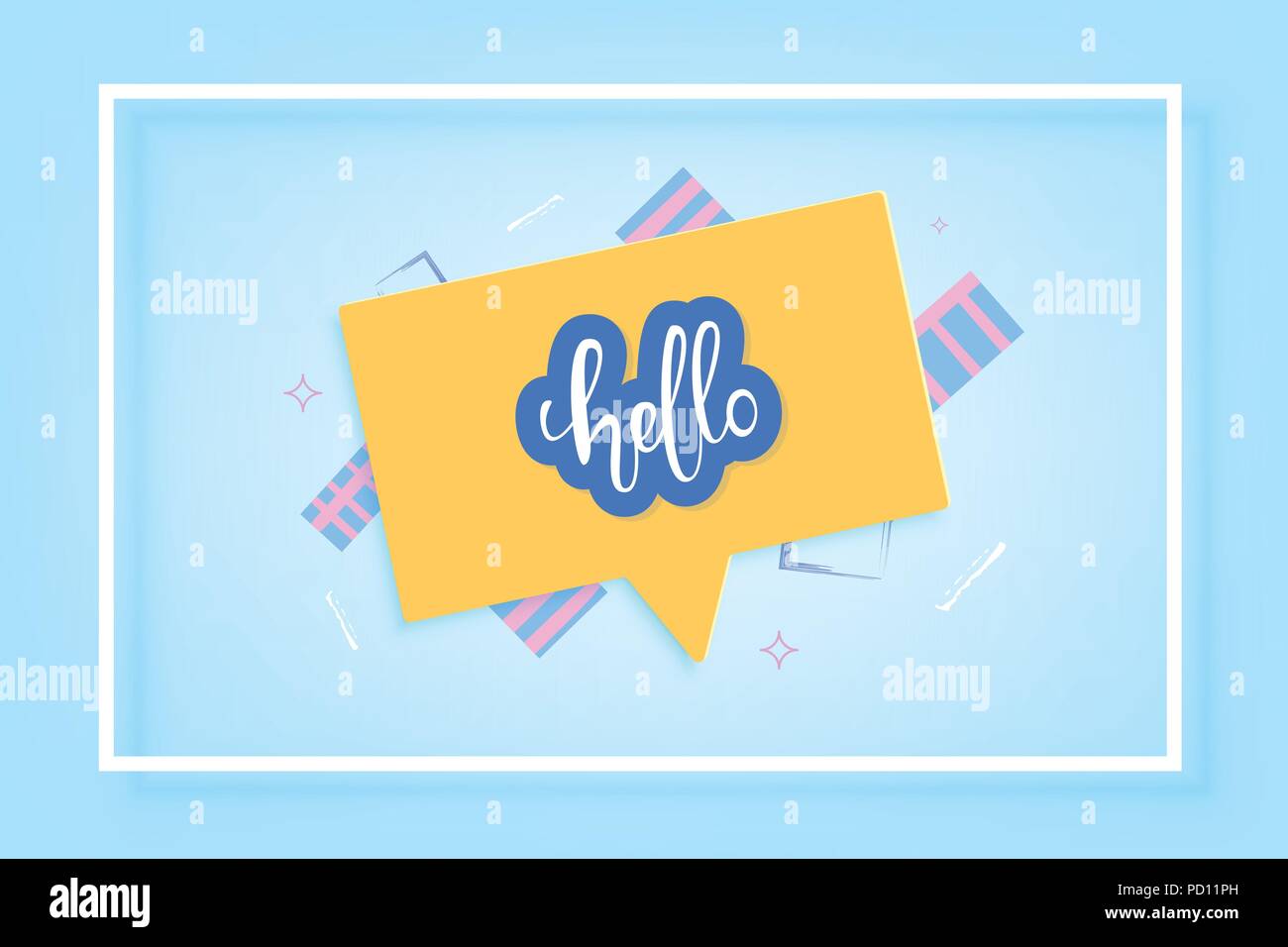 Hello lettering with speech bubble, frame and geometric decoration ...