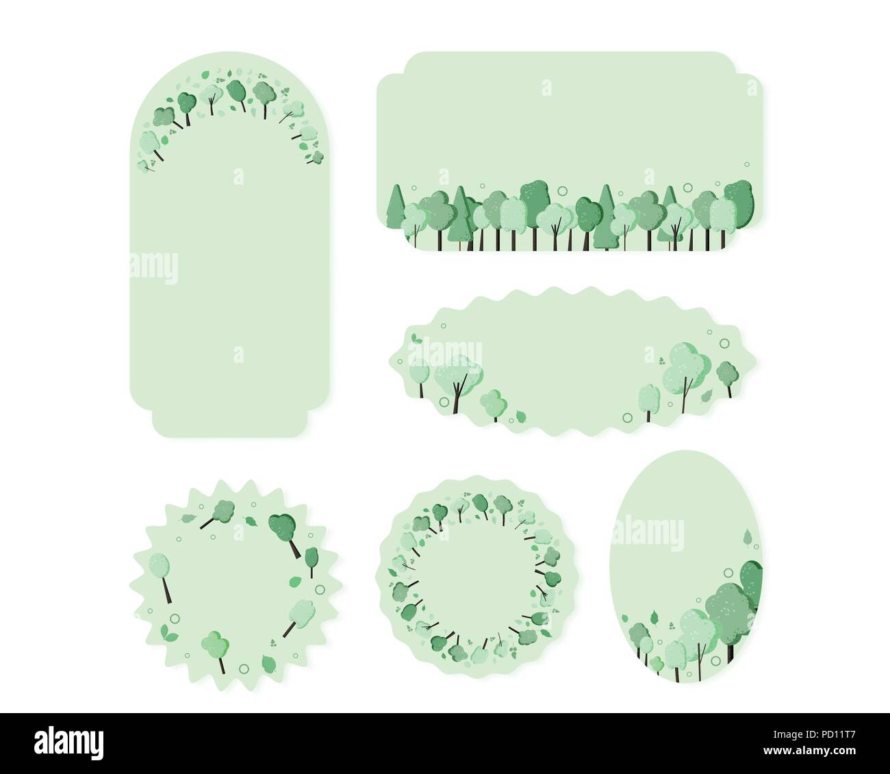 Set of trees composition stickers backgrounds. Flat green trees and ...