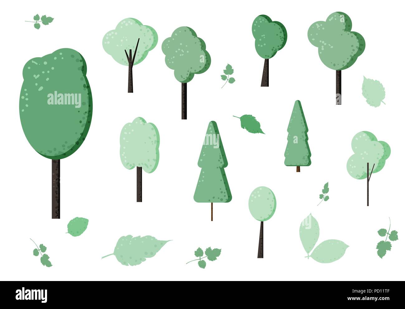 Trees design elements set. Flat green trees and leaves isolated ...