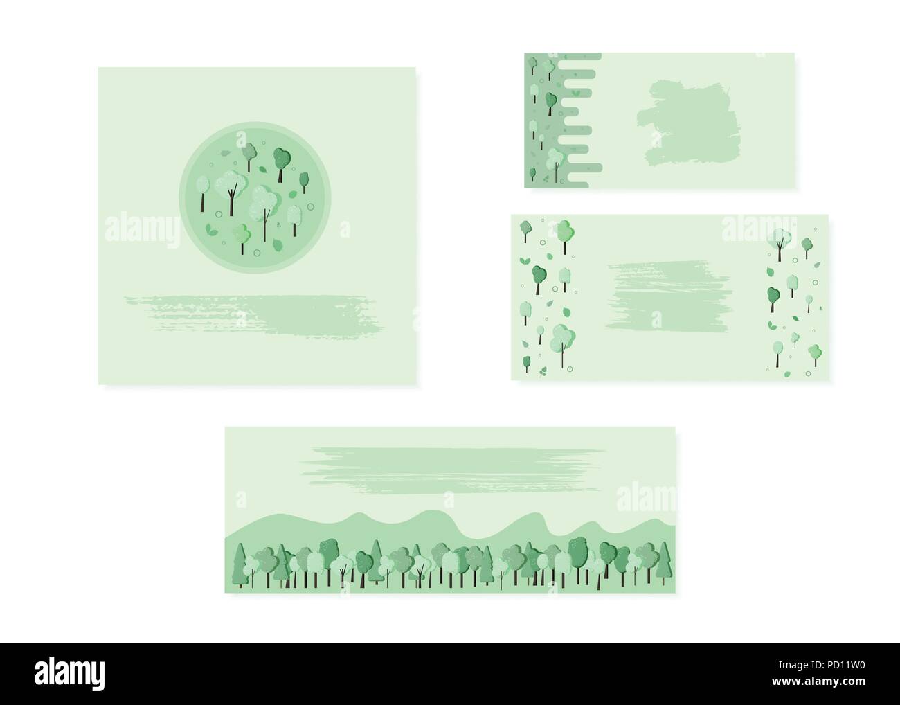 Set of trees composition backgrounds. Flat green trees and leaves with ...