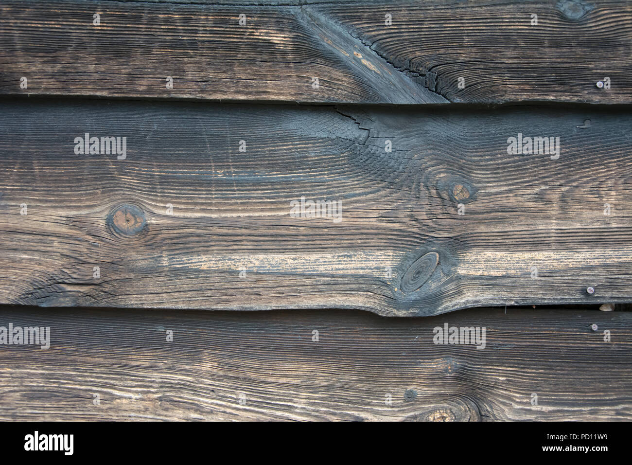 Closeup of weathered wall made from dark boards of wood with knots ...