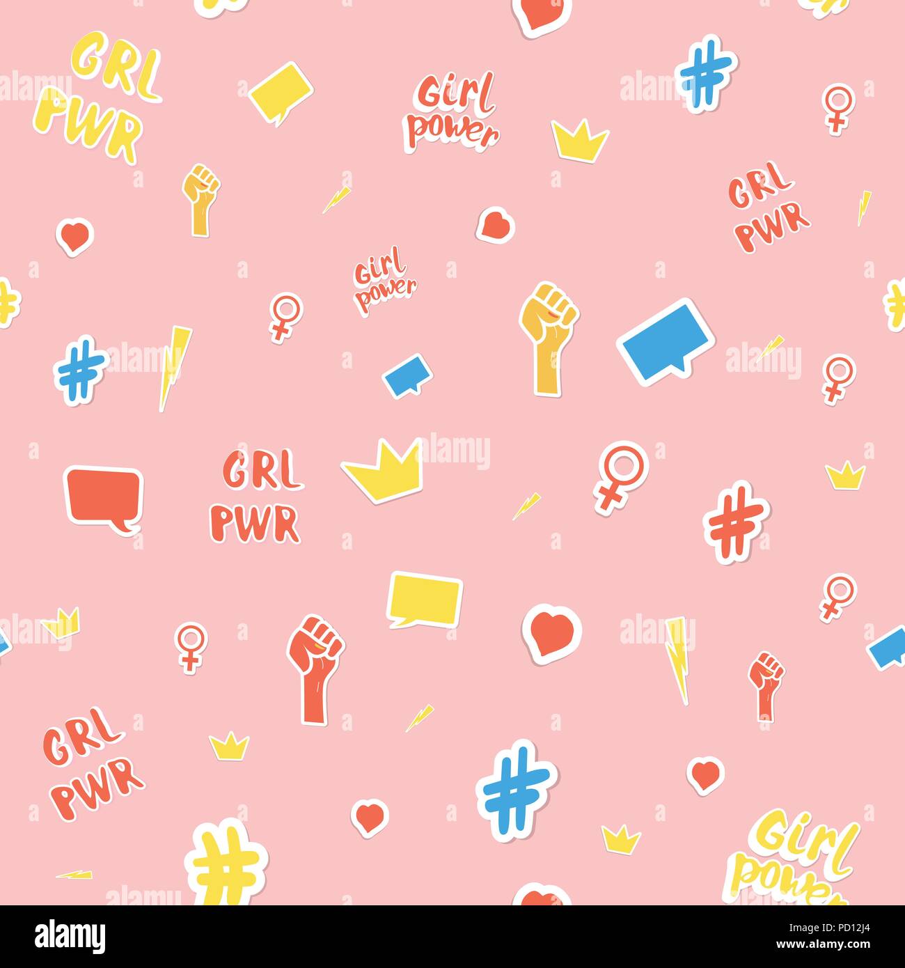 Girl power stickers seamless pattern card. Pink background with simple ...