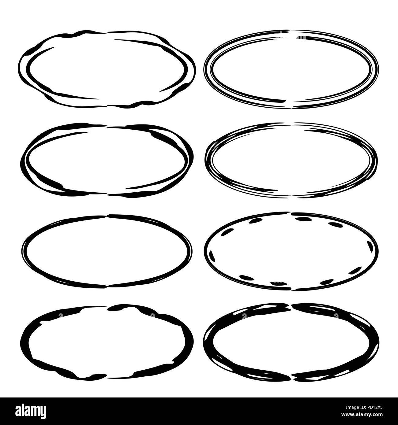 Set of round grunge frames. Empty circlular borders. Ellipse frame ...