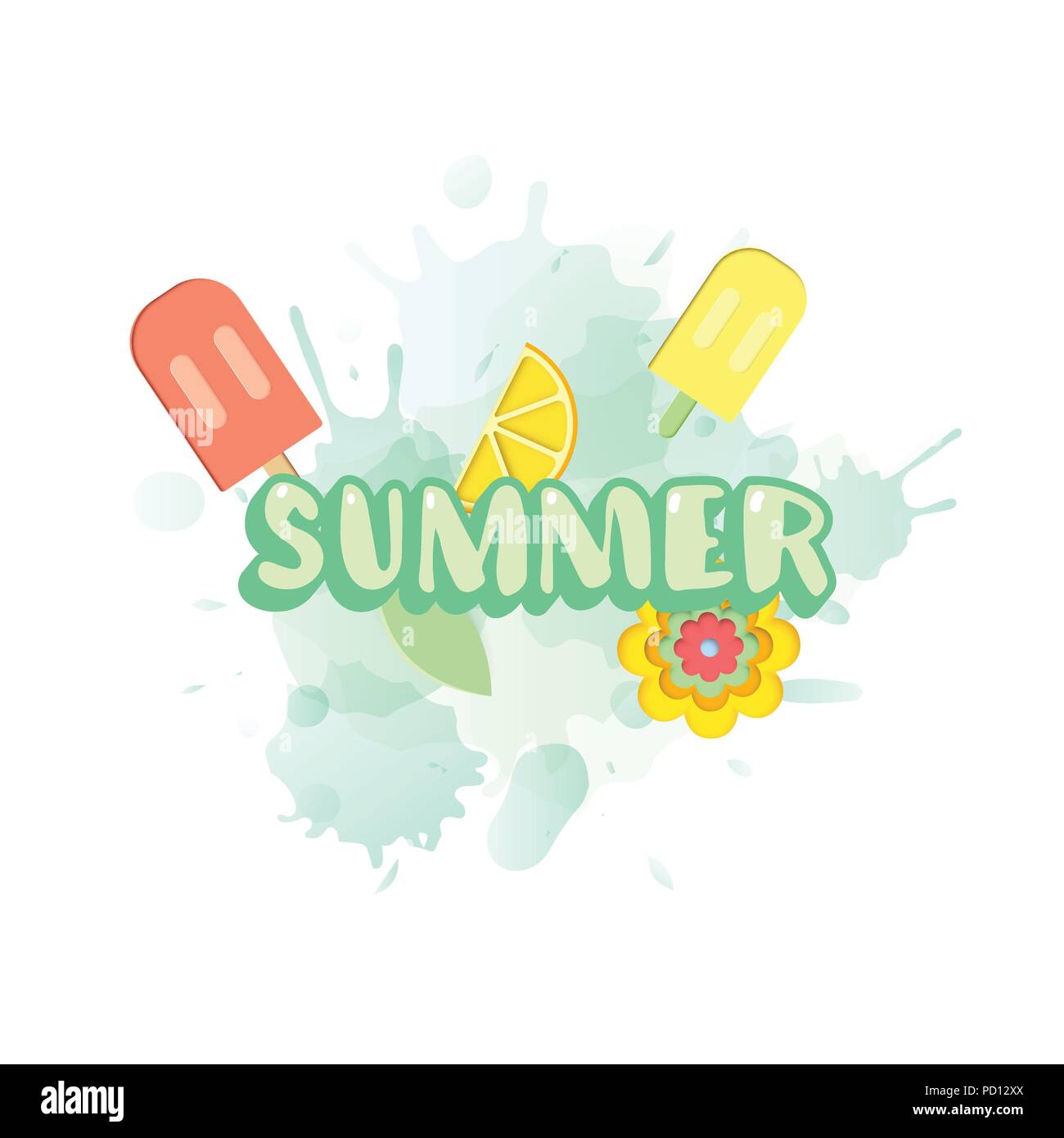 Summer composition with watercolor splash and papercut shapes ...