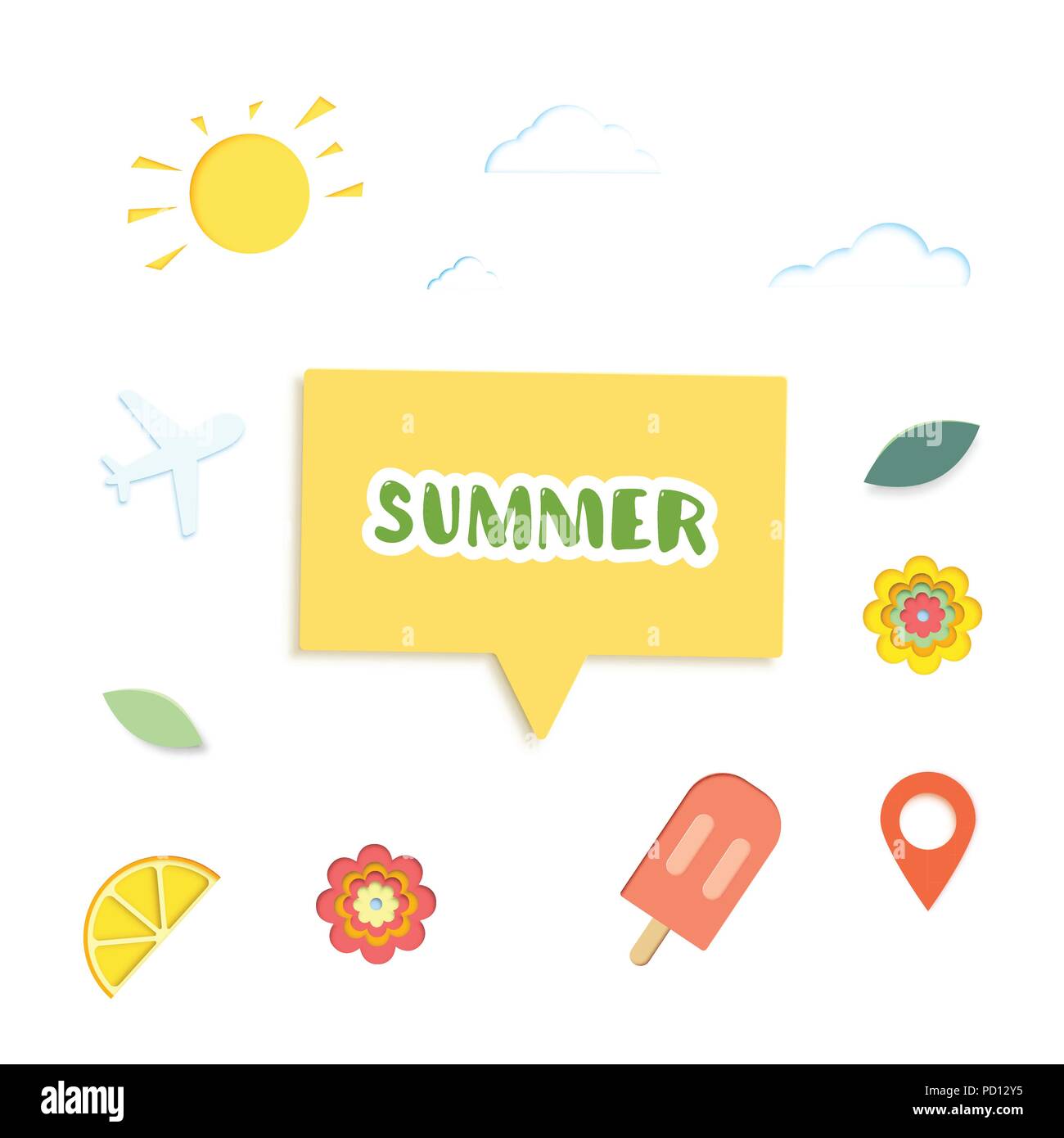 Summer clip art set. Handwritten lettering with sun, clouds, plane, ice ...