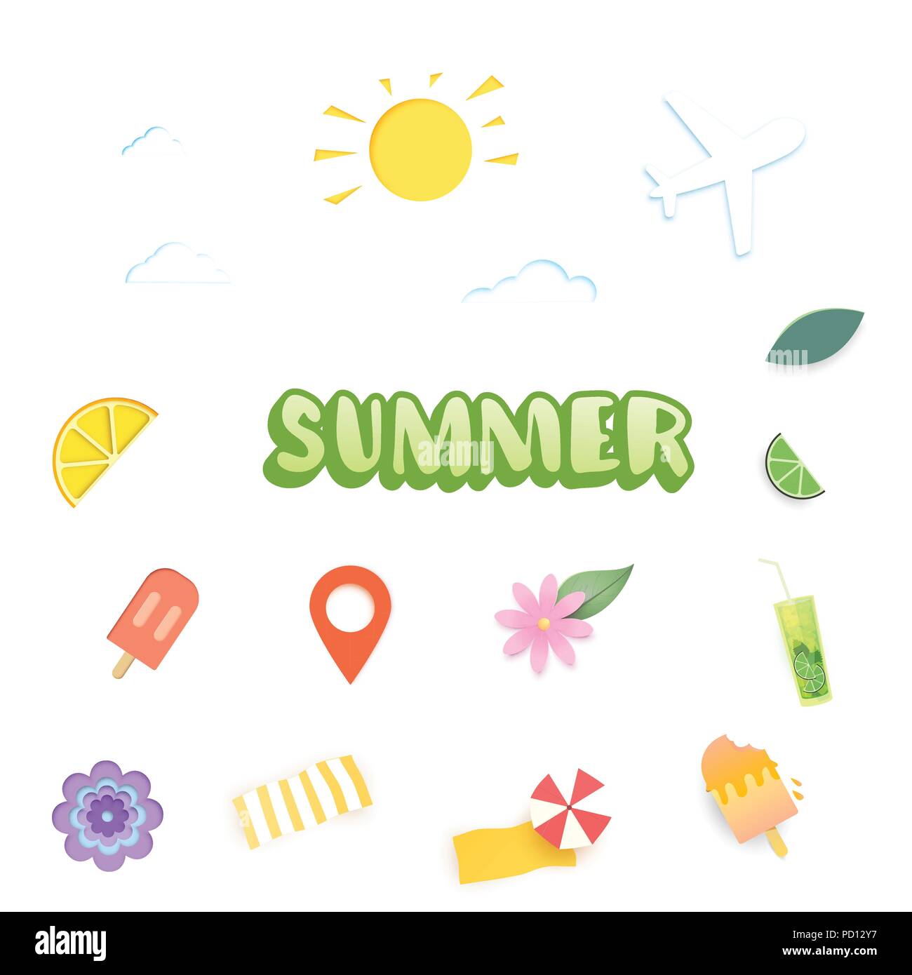 Summer clip art set. Handwritten lettering with sun, clouds, plane, ice ...