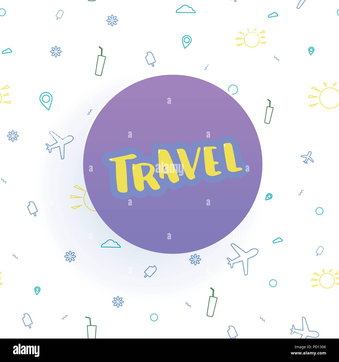 Travel text with round badge on random shapes pattern background ...