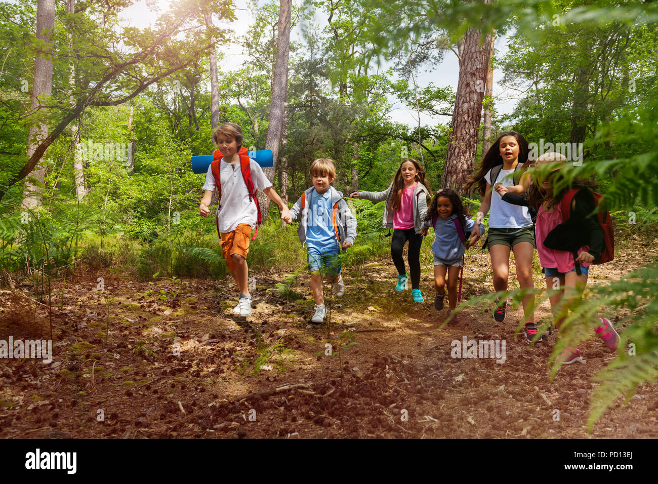 Group of kids on hiking walk holding hands Stock Photo - Alamy