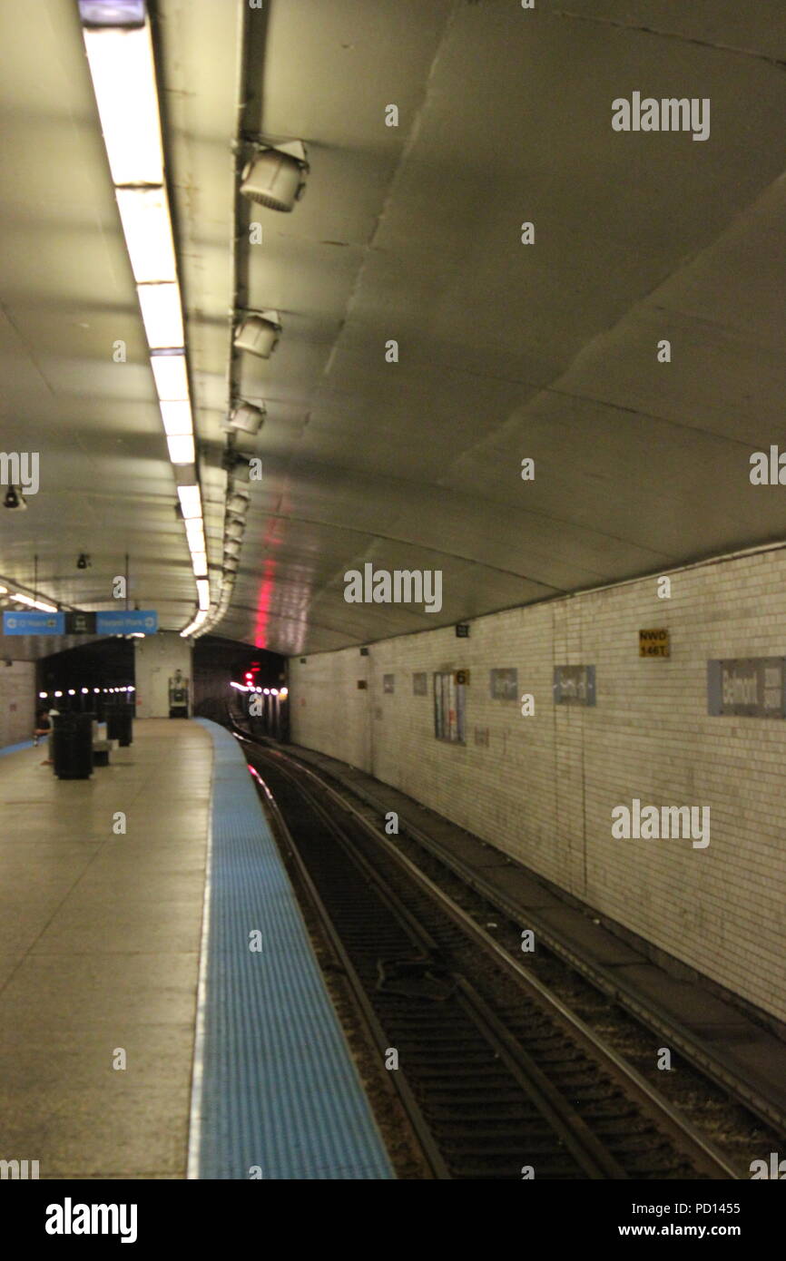 CTA Blue Line subterranean train station at Belmont Avenue in Chicago ...