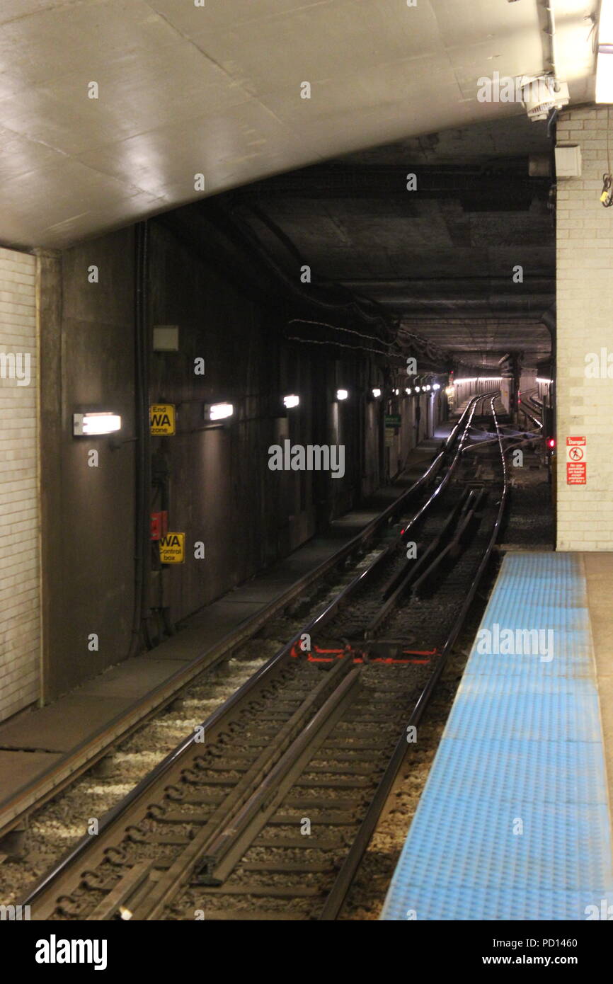 CTA Blue Line subterranean train station at Belmont Avenue in Chicago ...