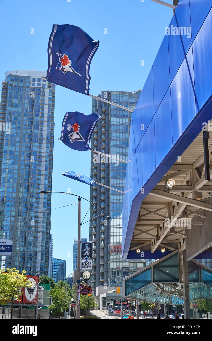 TORONTO, CANADA - JULY 15, 2018: Blue Jays flags with logo in Toronto ...