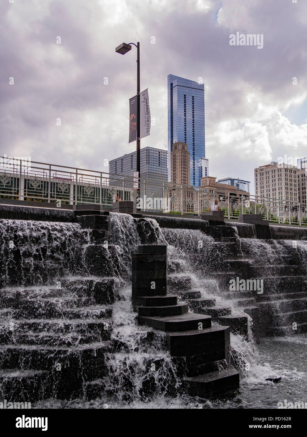 Aon Center Plaza, Chicago, Illinois. Waterfall with buildings in ...