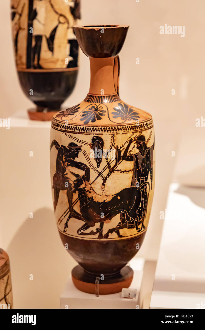 Theseus and Marathonian the Bull, White-ground Lekythos, Abt 500 BC ...