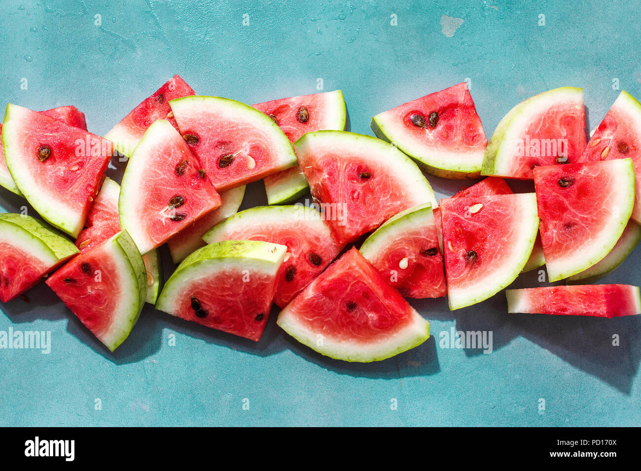 Top view watermelon slice on stone blue background flat lay Stock Photo ...