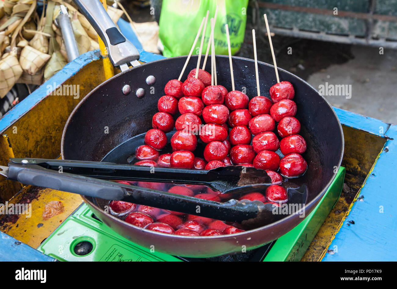 Delicious grilled Philippines red sausage on street market. Cebu city ...