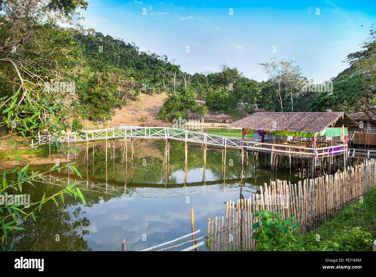 Tropical little lake with a bamboo bridgein northern Palawan island ...