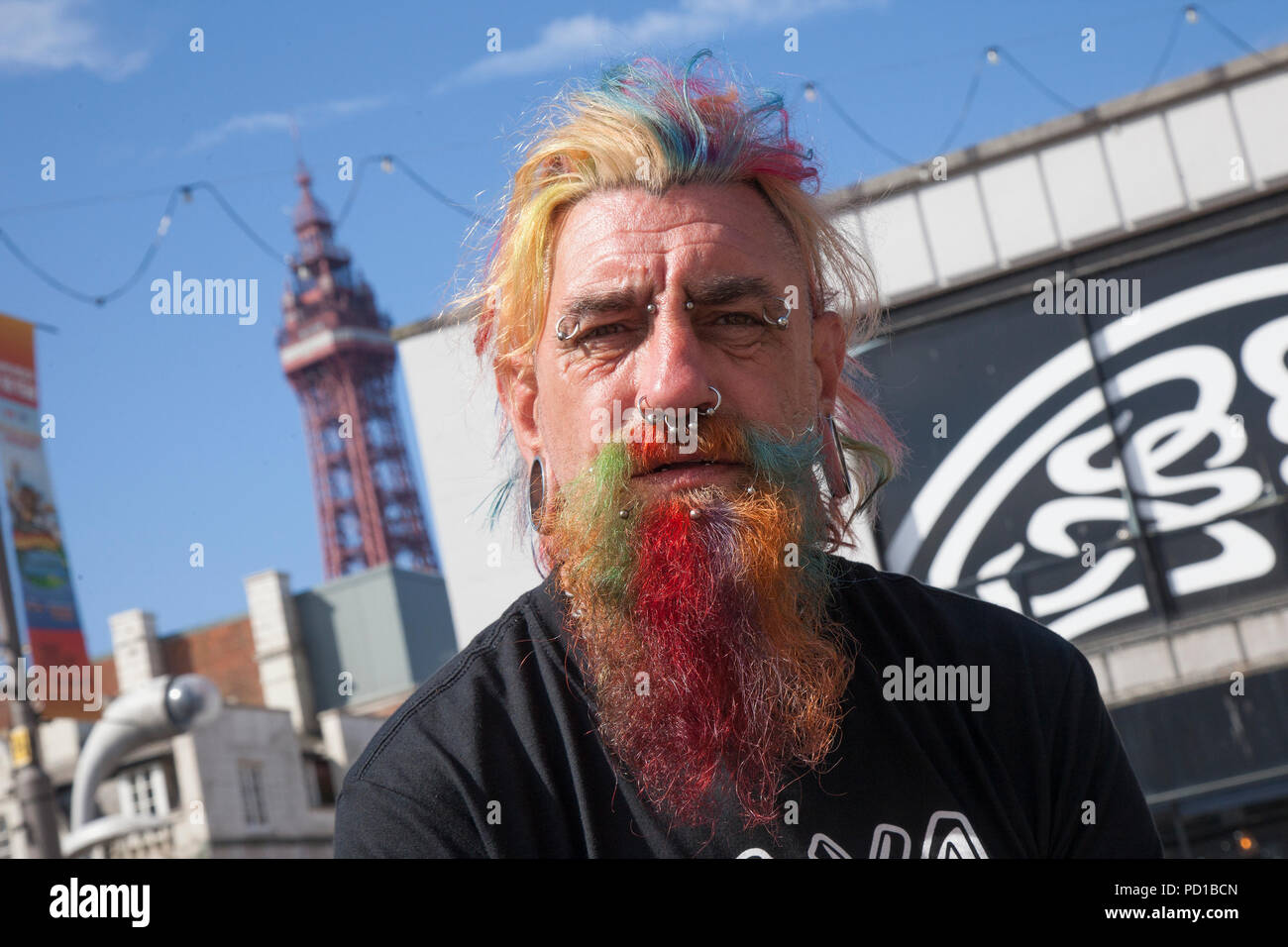 Blackpool, UK. 5 August 2018. Mr Rainbow Freak a Colourful characters ...