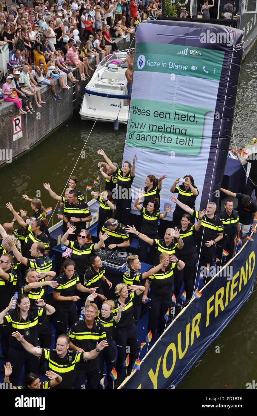 Amsterdam, Netherlands - August 4, 2018: The Politie Roze (Police) boat ...