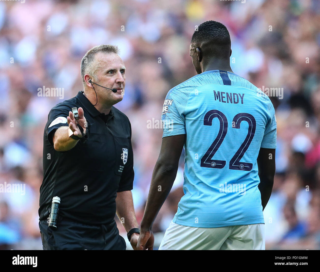 London, UK. 05th Aug, 2018. Referee Moss has a word with Benjamin Mendy ...