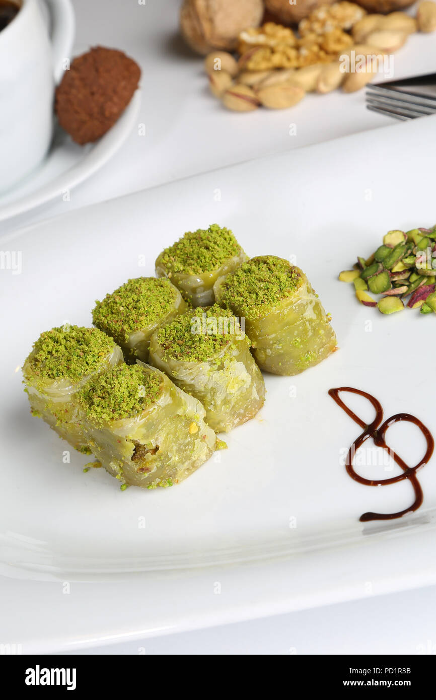 Turkish dessert baklava in plate Stock Photo - Alamy