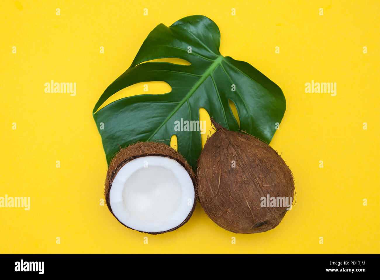 Tropical summer coconut background. half and whole coconuts on a yellow ...