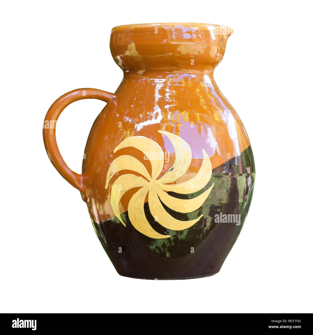 Old vintage decorated clay jar isolated on white background, front view ...