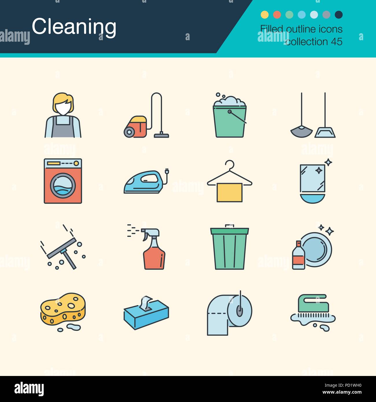 Cleaning icons. Filled outline design collectiont 45. For presentation ...