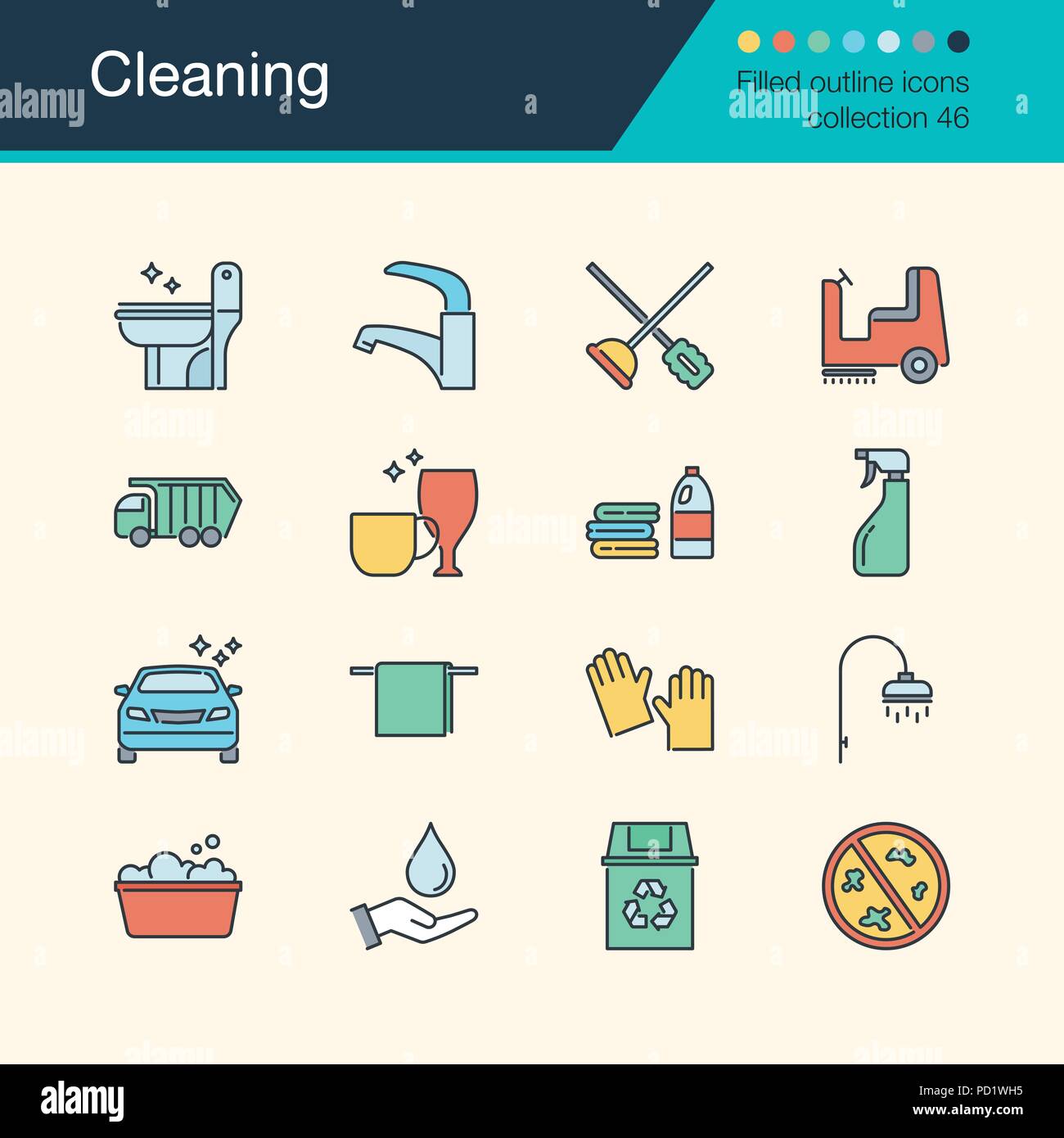 Cleaning icons. Filled outline design collection 46. For presentation ...