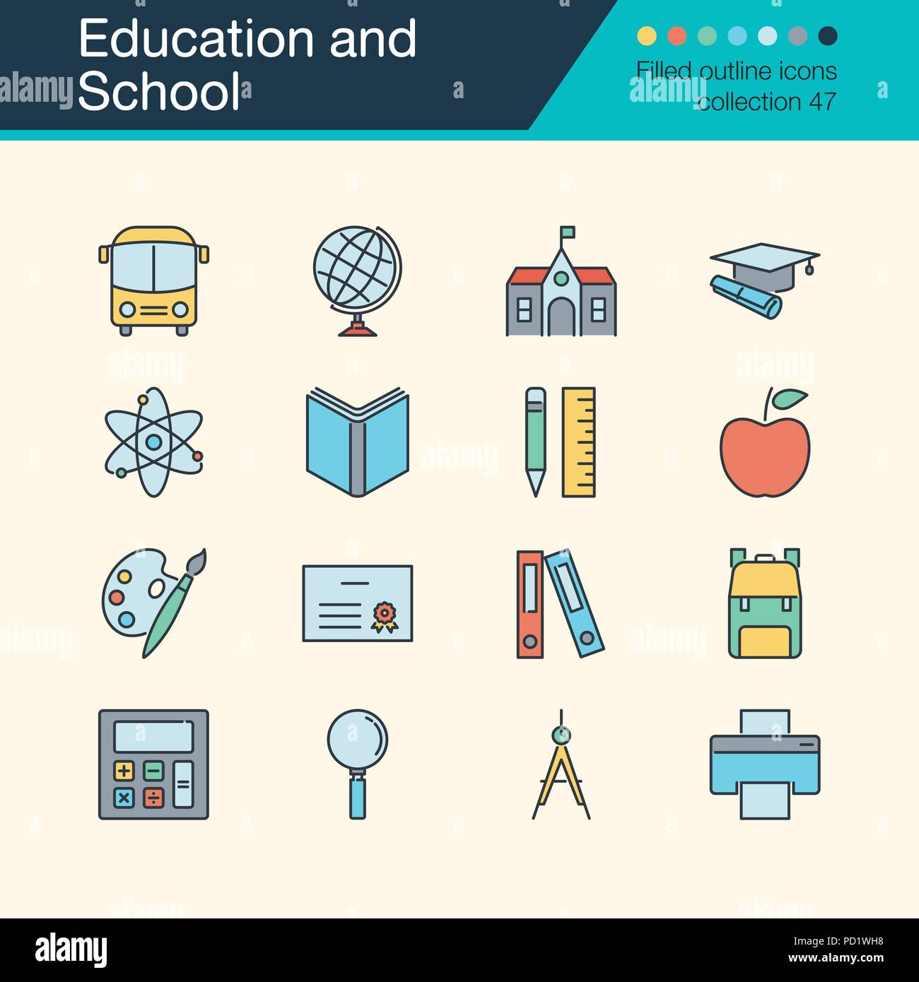 Education and School icons. Filled outline design collection 47. For ...