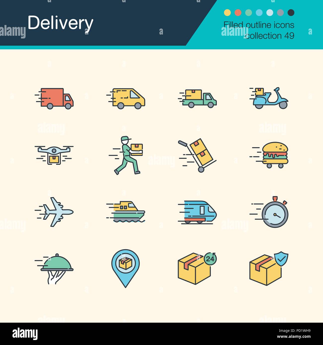 Delivery icons. Filled outline design collection 49. For presentation ...