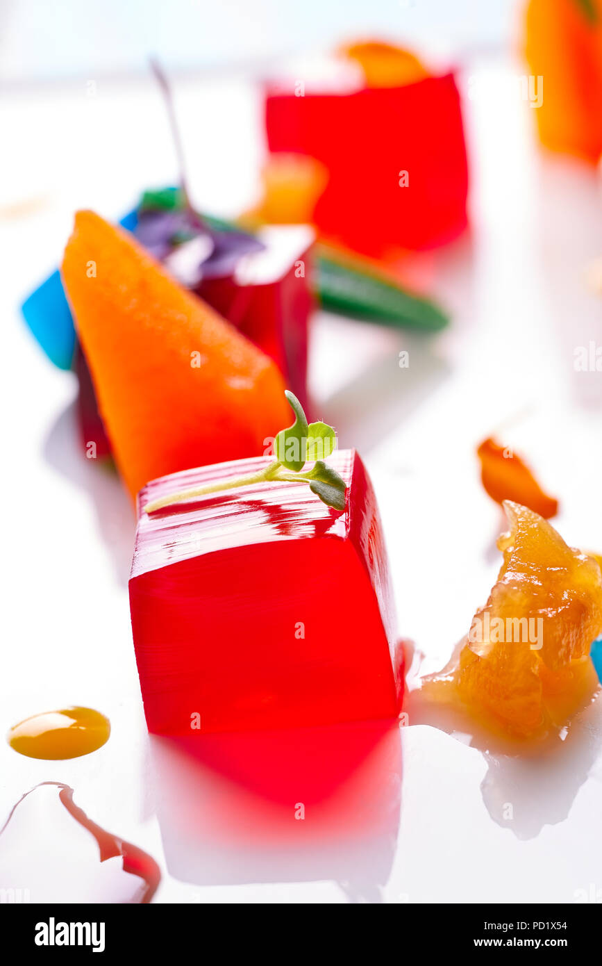 jelly colorful fruits gelatine on white background Stock Photo - Alamy