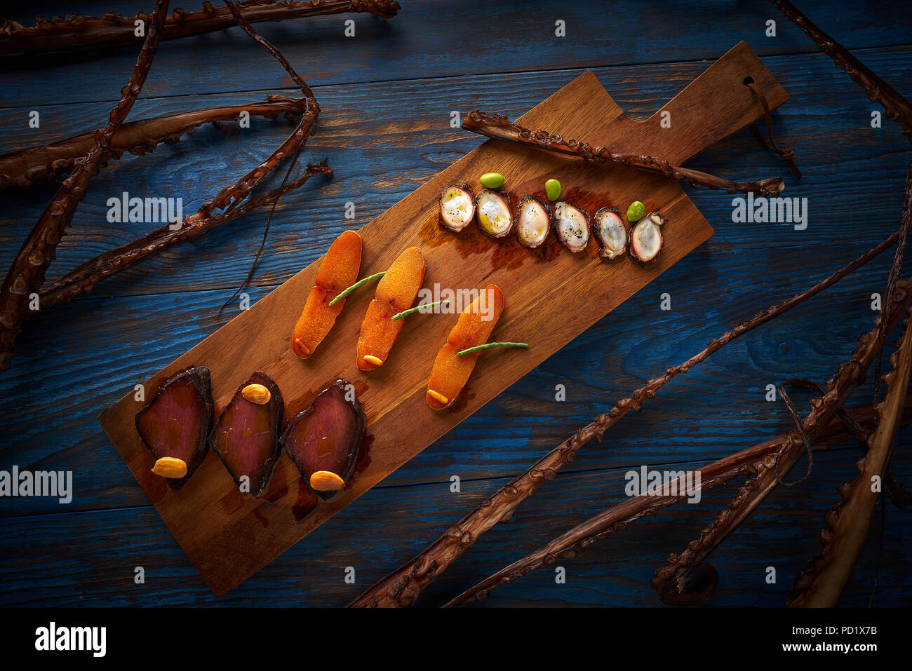 Marinated tuna roe and octopus salted smoked Mediterranean style with ...