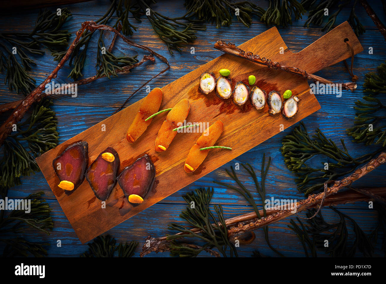 Marinated tuna roe and octopus salted smoked Mediterranean style with ...