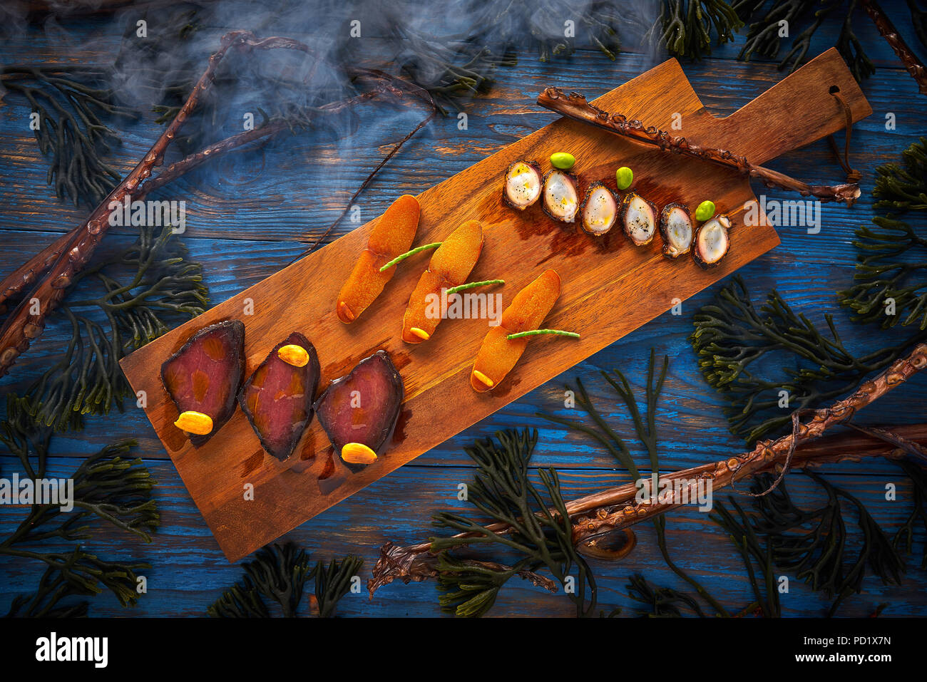 Marinated tuna roe and octopus salted smoked Mediterranean style with ...