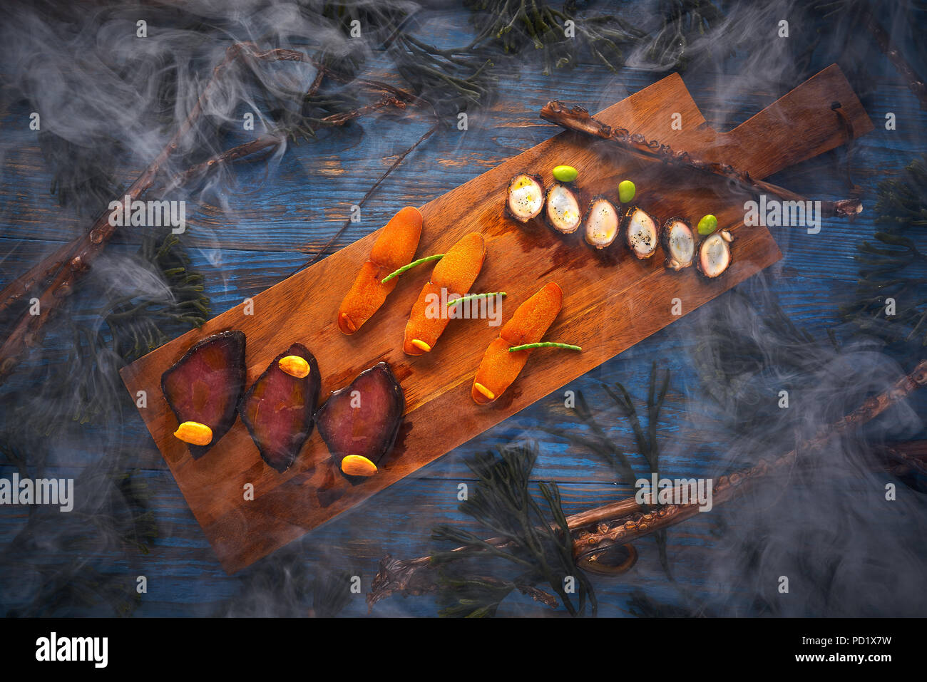 Marinated tuna roe and octopus salted smoked Mediterranean style with ...