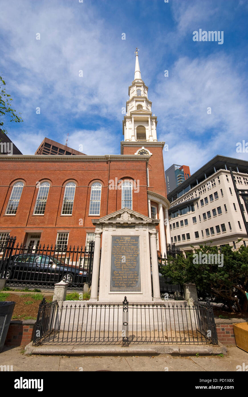 Monument inscription in Boston Common park and Park Street Church ...