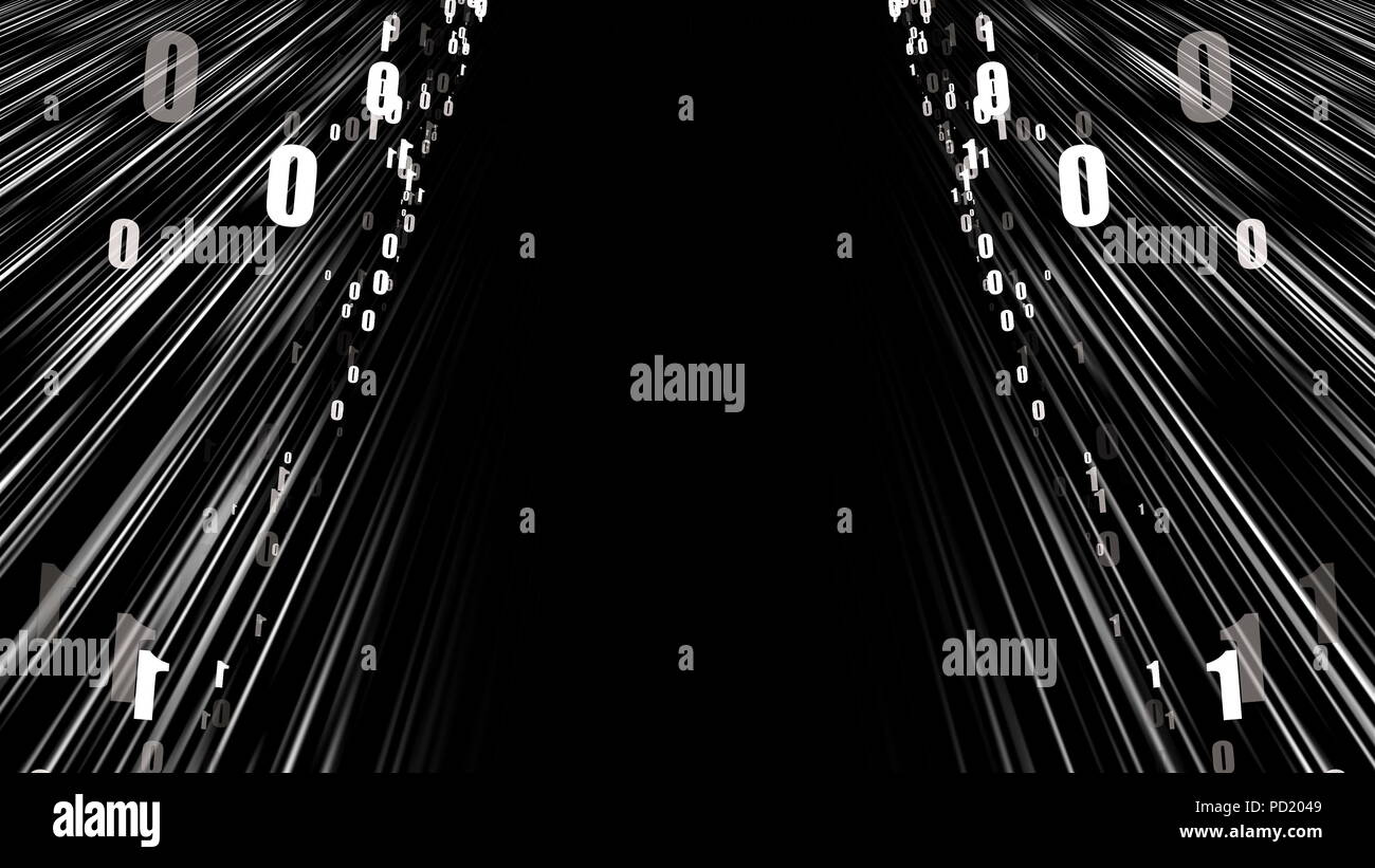 Network stream data - fast motion in space with zeros and ones, computer generated modern ...