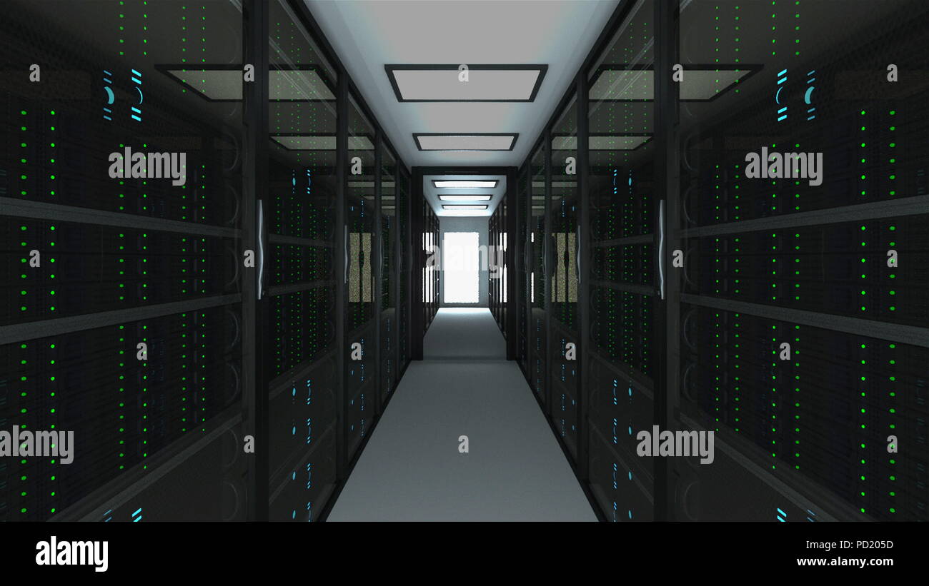 Modern server room interior in datacenter, web network and internet ...