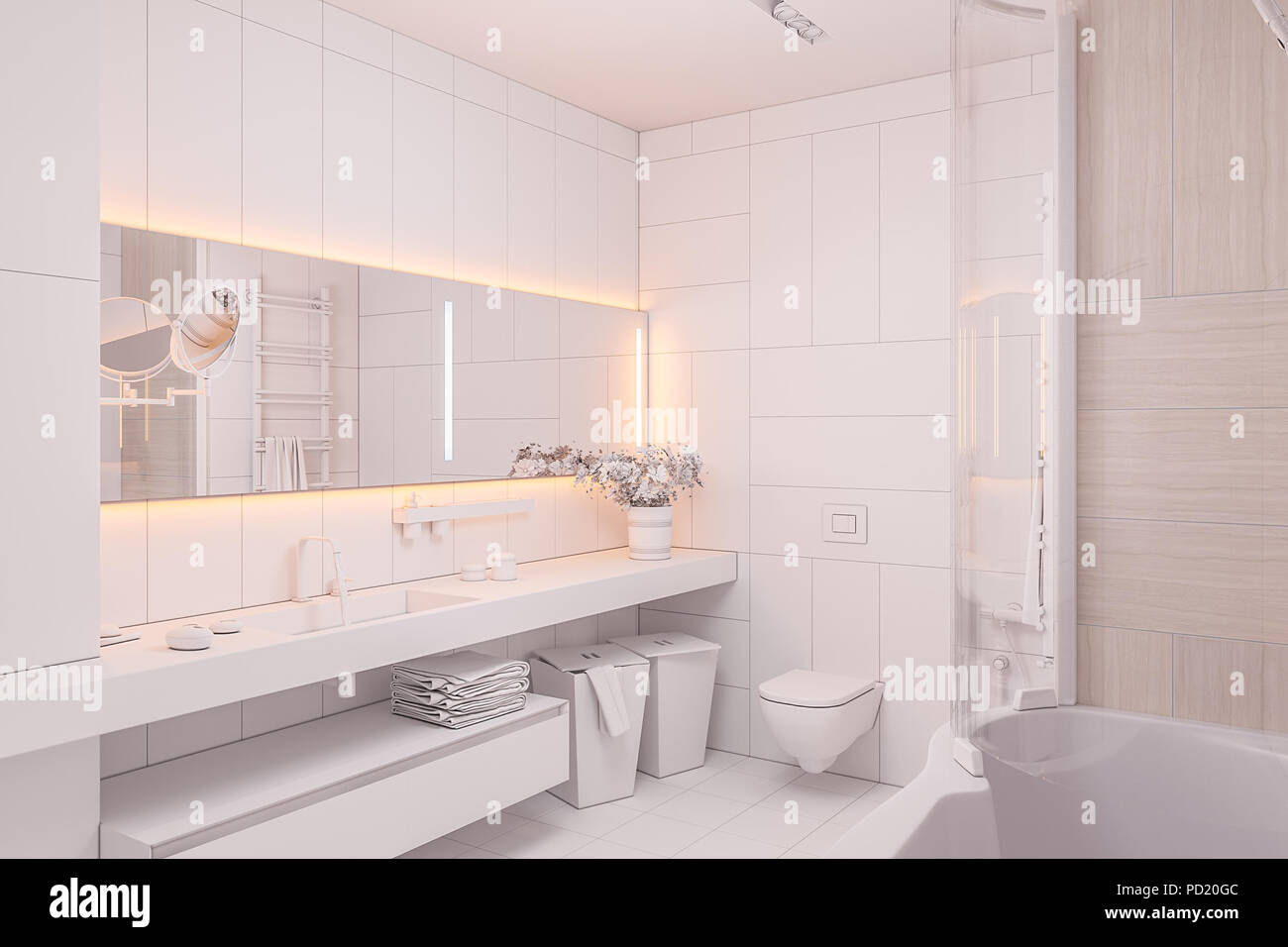 3d illustration in white colors without textures. Interior design of a ...