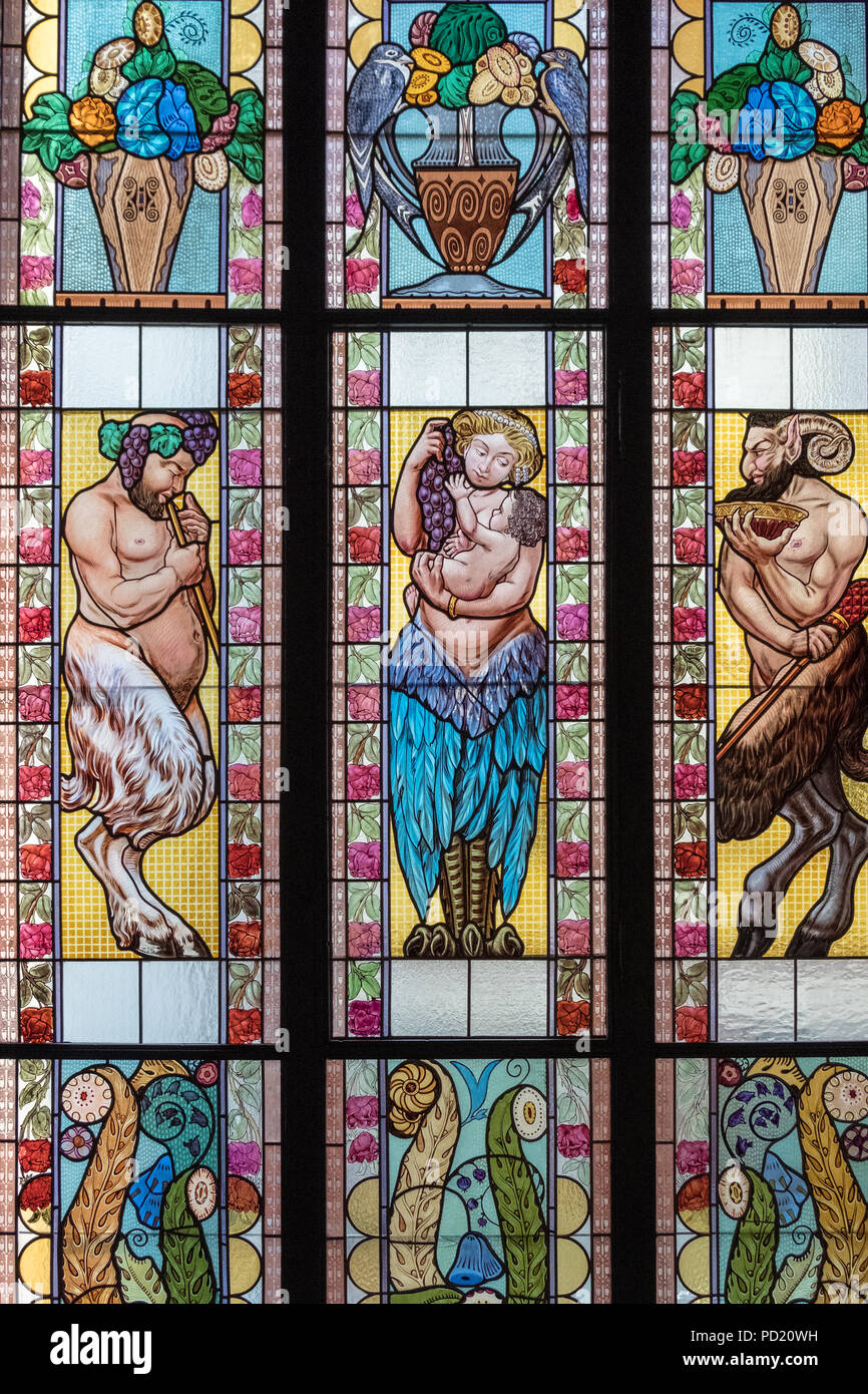 Stained glass window of 1930's style in Lucerna Palace shopping mall in ...