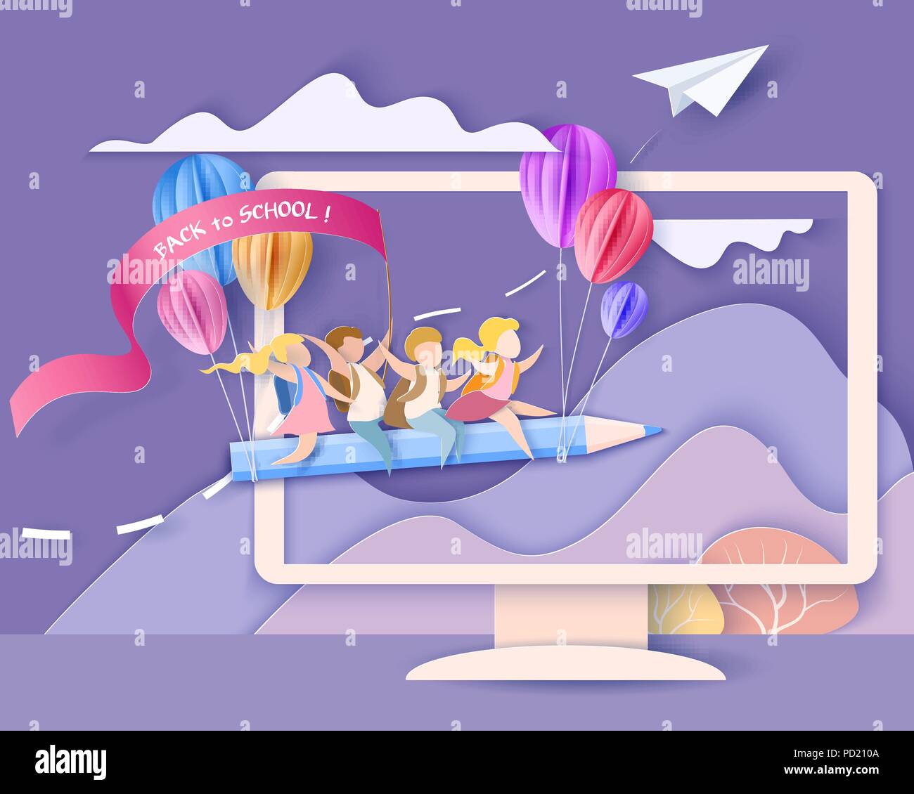 Back to school 1 september card. Monitor screen with mountains, trees ...