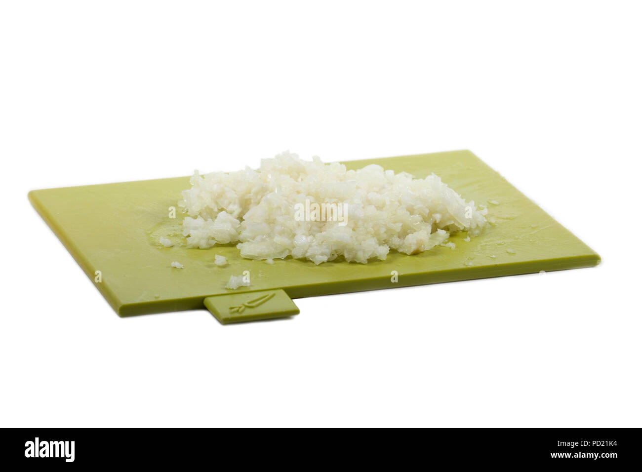 Chopped onions on green chopping board on white background Stock Photo ...