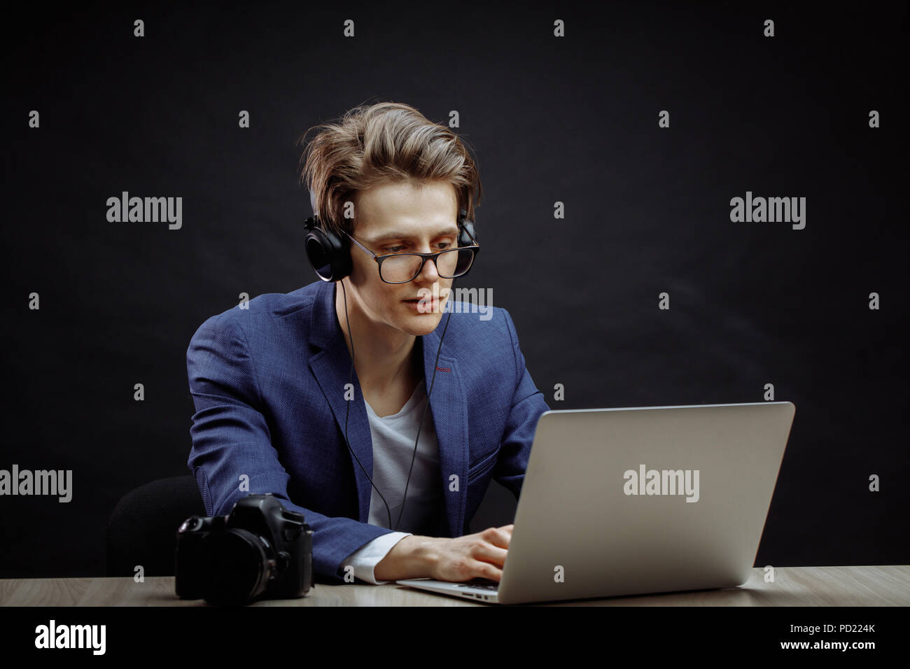 side view shot of stylish office worker with long brown hair in ...