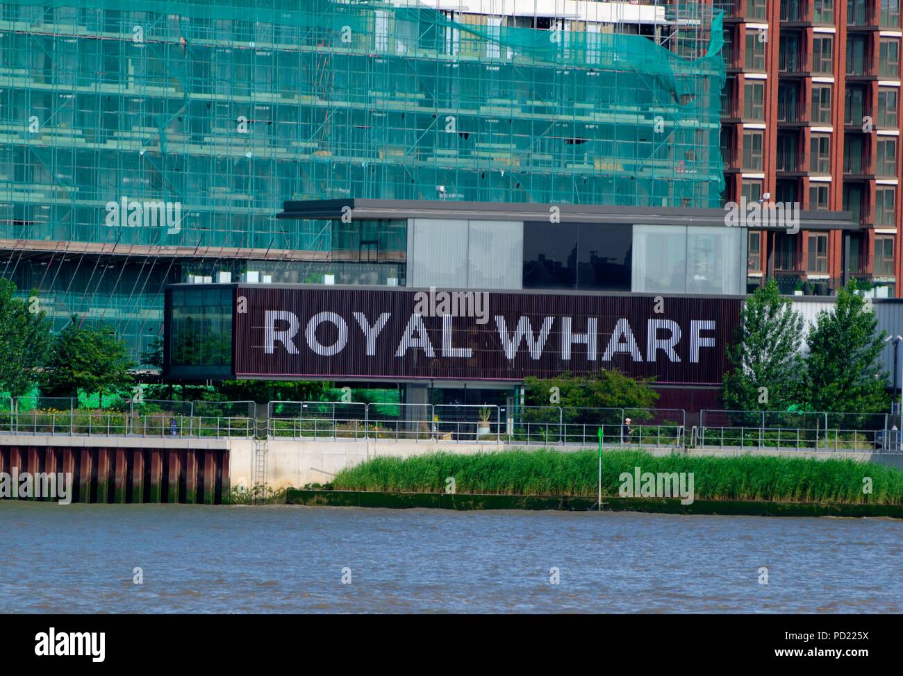 London, United Kingdom - June 23, 2018: Riverside sign for Royal Wharf ...