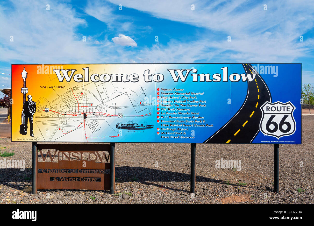 Arizona, Route 66, Welcome to Winslow sign at Visitor Center Stock ...