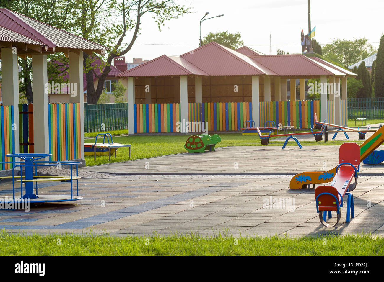 Beautiful new modern playground in kindergarten with soft pavement ...