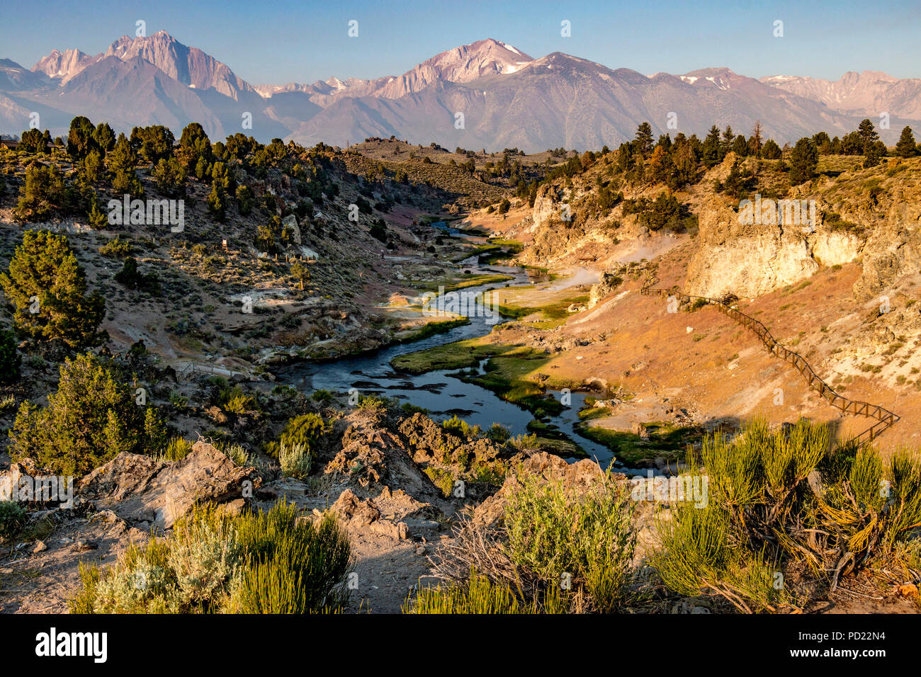 Hot springs send up steam in early morning at Hot Creek Geological Site ...