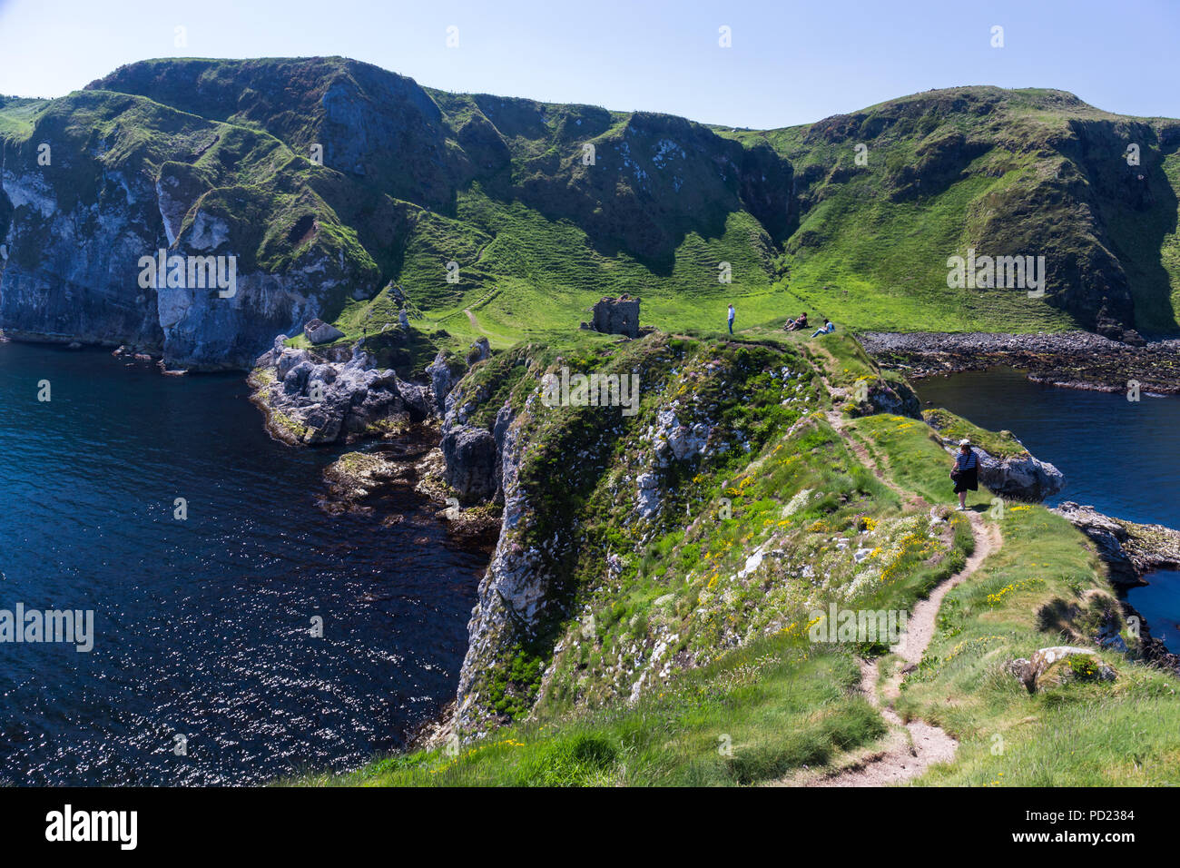 Kinbane headland looking back towards old castle ruins from the end of ...