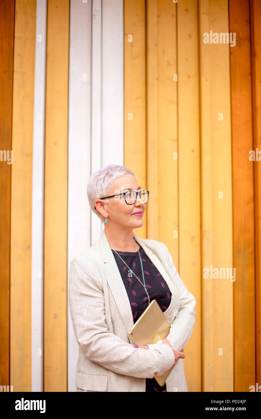 stylish smiling saleswoman is selling profile sheets in the street ...