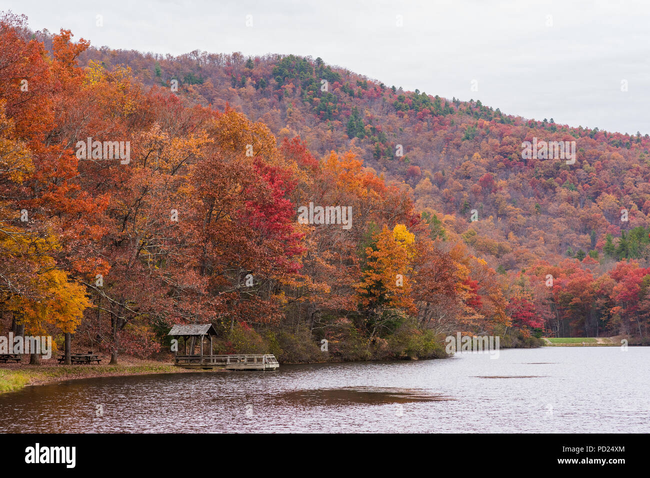 Autumn color at Sherando Lake, near the Blue Ridge Parkway in George ...
